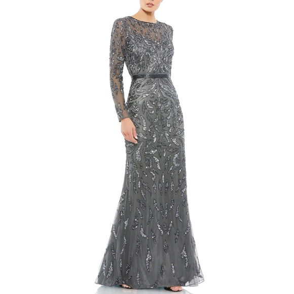 Mac Duggal | Dresses | Mac Duggal Charcoal Grey Beaded Long Sleeve ...
